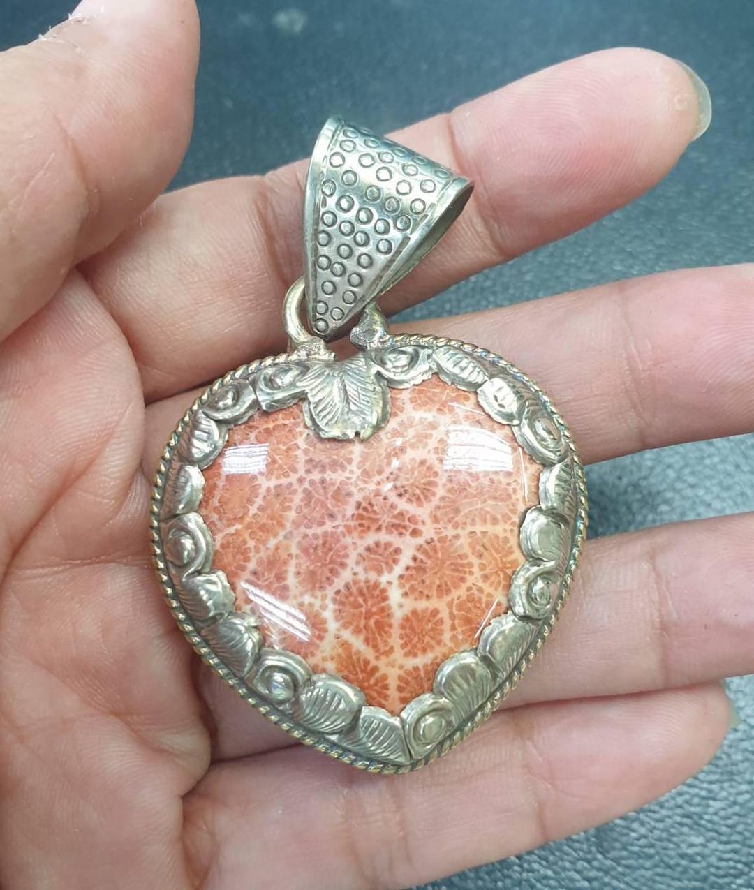 Vintage Genuine Natural Red Coral Fossil SILVER Pendant Hand Carved ...