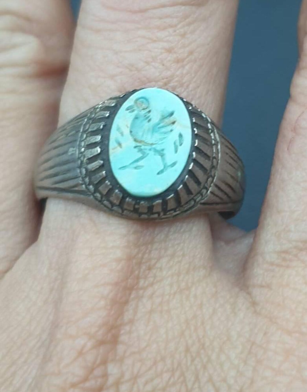 Natural Turquoise Intaglio Chicken Rooster Sterling Silver Signet Seal ...