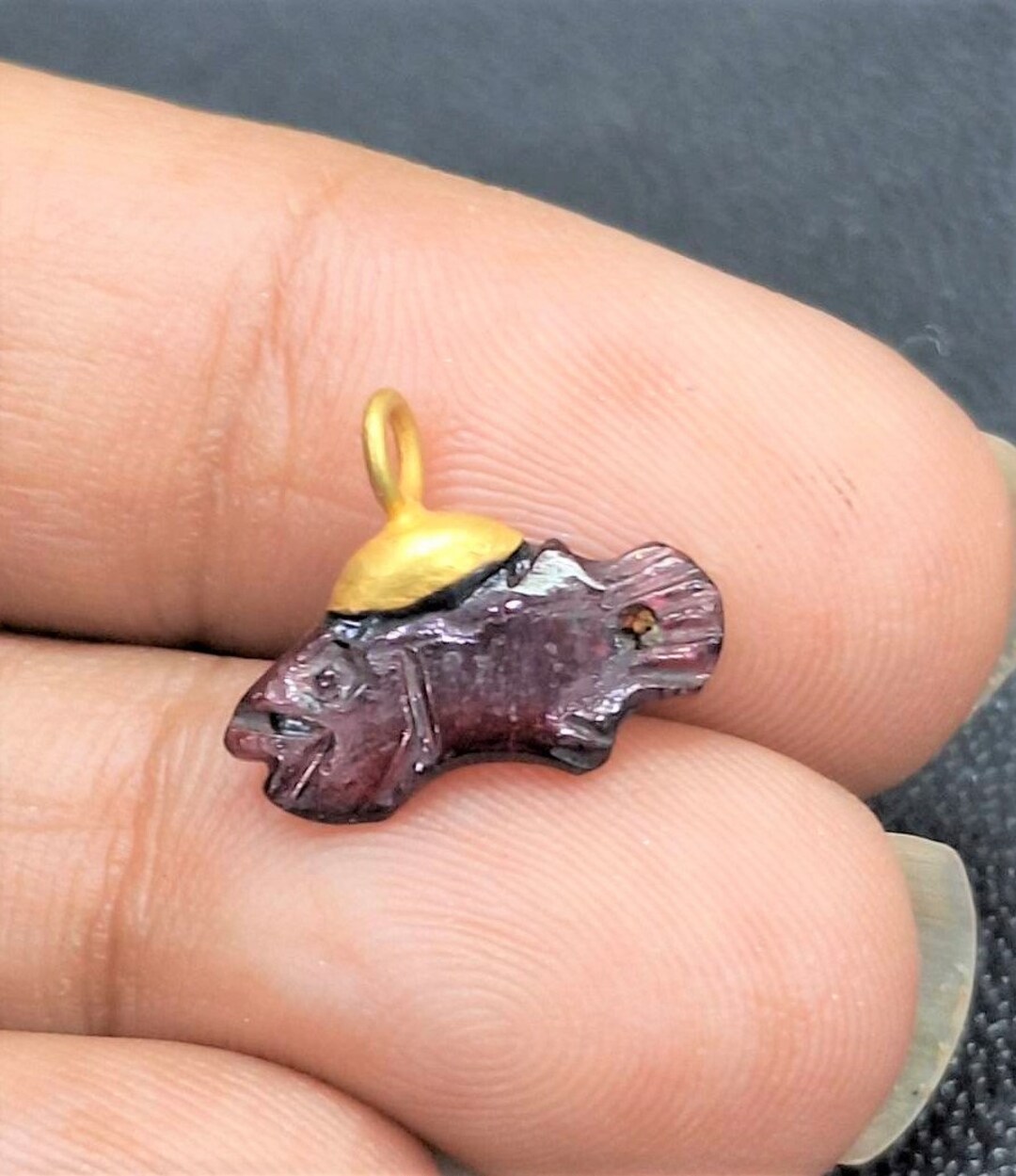 Ancient Garnet Gem PYU Fish Shape Hand Carved Bead Genuine 22k Solid ...