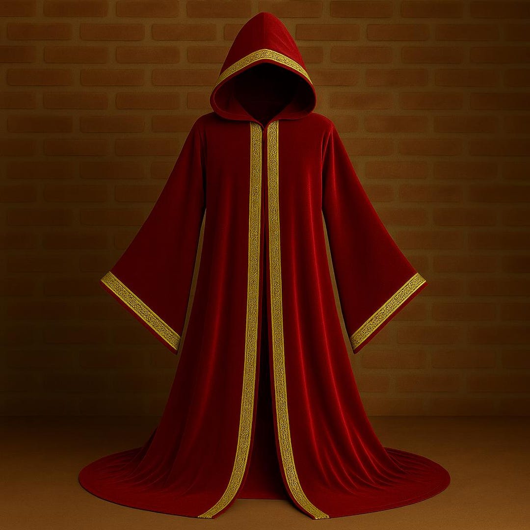 Red Velvet Hooded Wizard Cloak: Gold Celtic Trim, Renaissance Costume ...