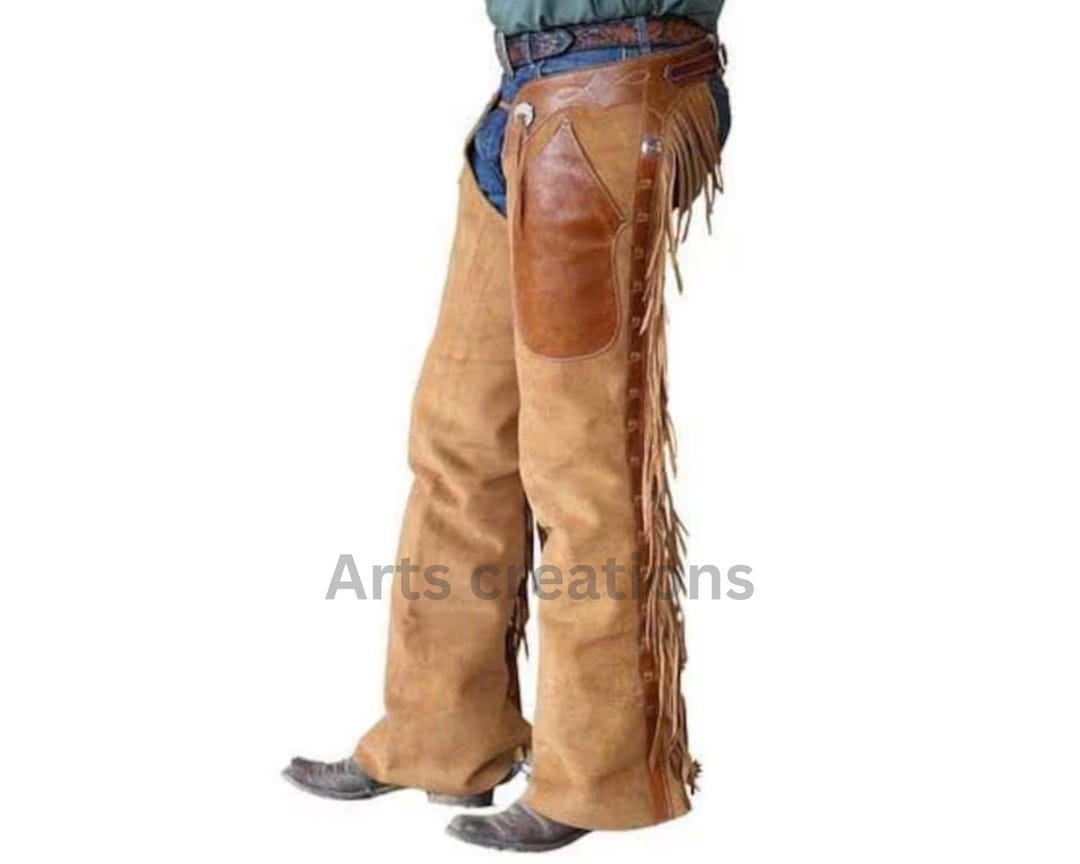 Handmade Leather Cowboy Chaps. Brown Suede Leather Chaps With Fringe ...