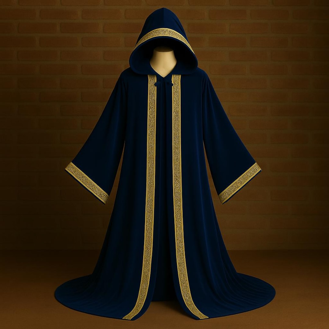 Blue Velvet Hooded Wizard Cloak: Medieval Renaissance Costume With Gold ...