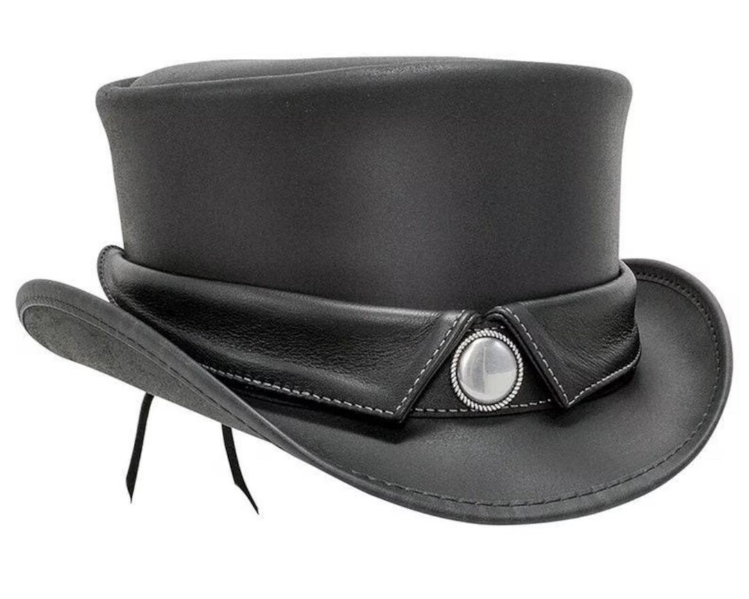 Handmade Black Leather Steampunk Top Hat: Silver Concho, Curved Brim - Etsy