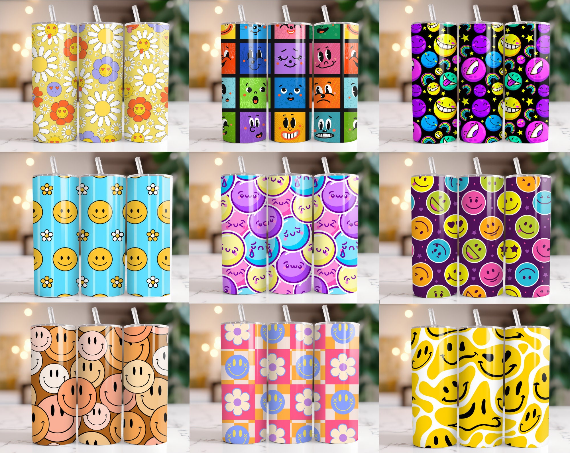 35 Retro Smiley Tumbler Wrap Designs Bundle, Retro Daisy Smile Face ...