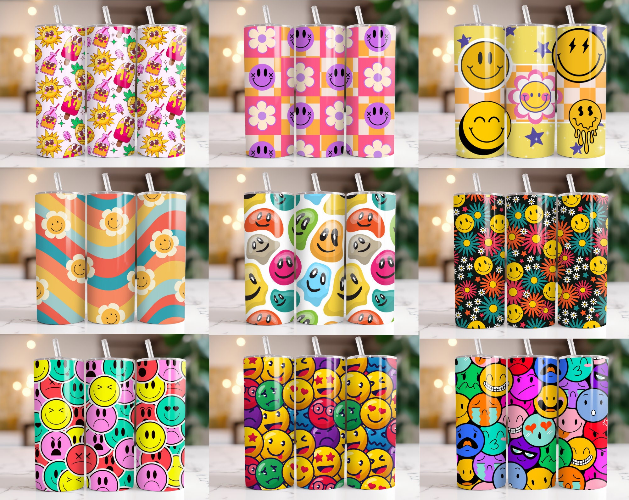 35 Retro Smiley Tumbler Wrap Designs Bundle, Retro Daisy Smile Face ...