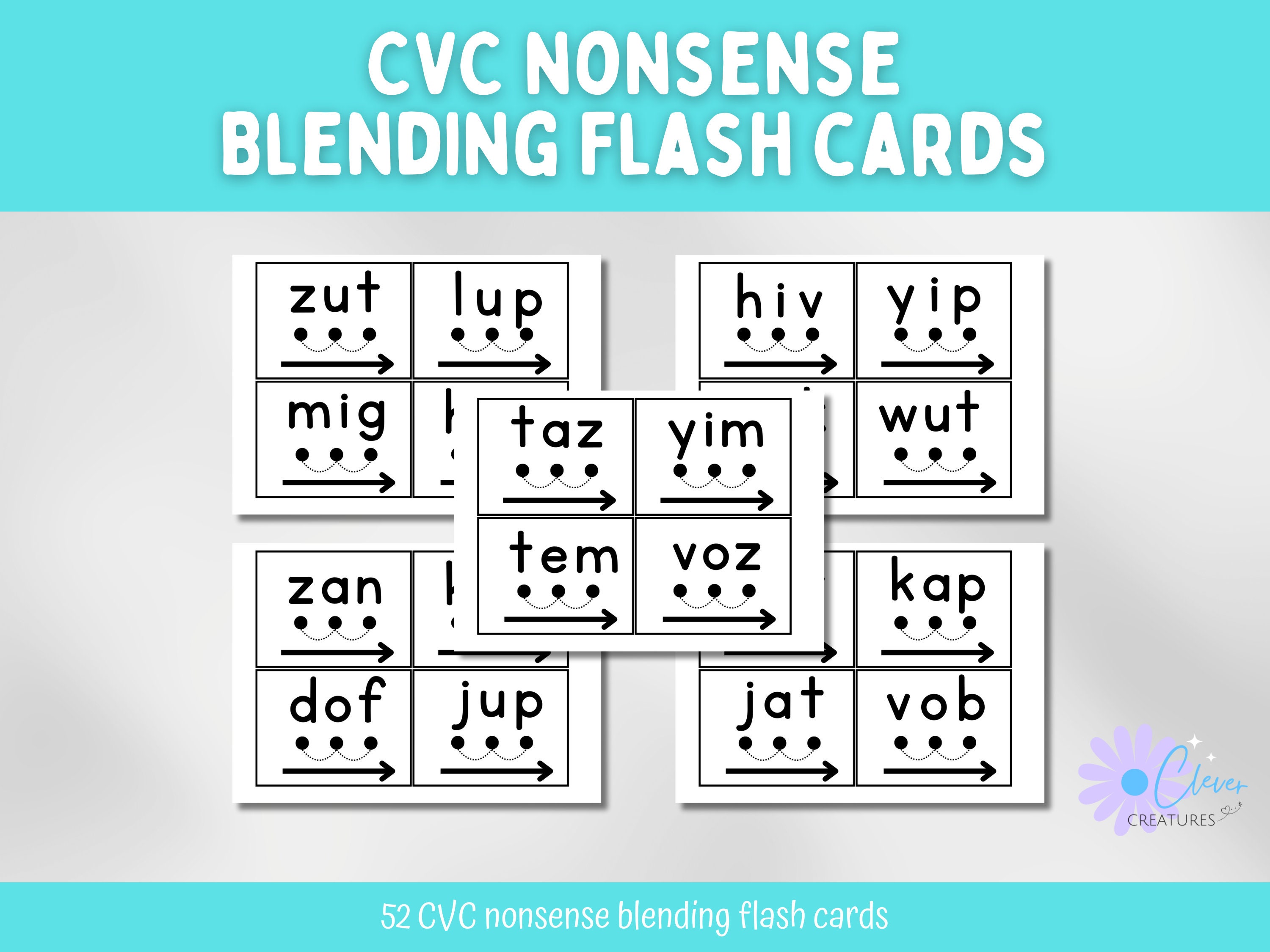CVC Nonsense Words Blending Flash Cards, Phonics, Classroom Printable ...