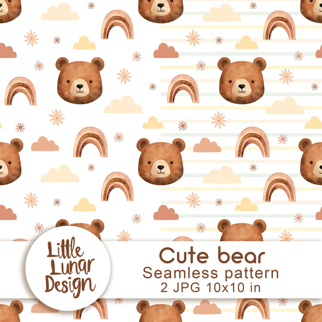 Bear Seamless Pattern, Watercolor Digital Paper, Cute Bear Face Pattern ...