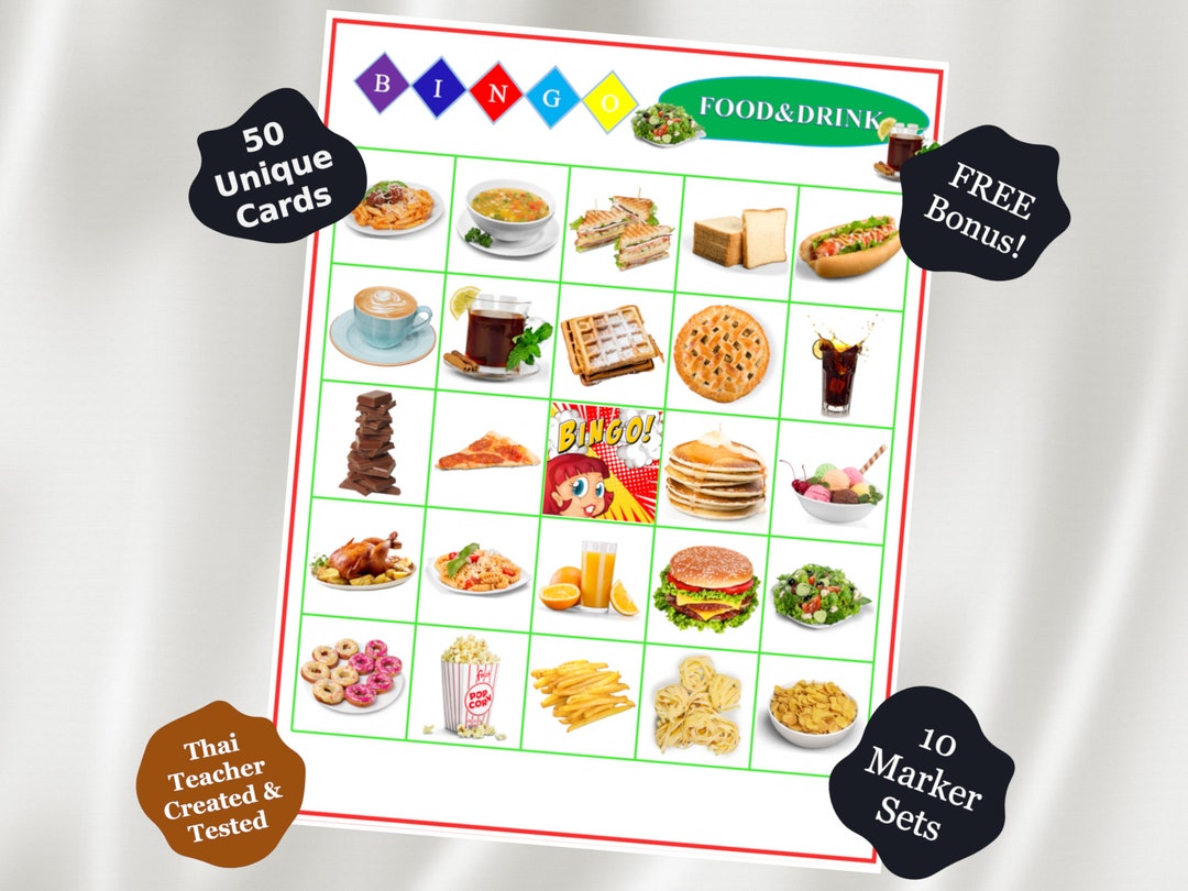 Printable Food & Drink BINGO - 50 Unique Playing Cards + 10 Market Sets ...