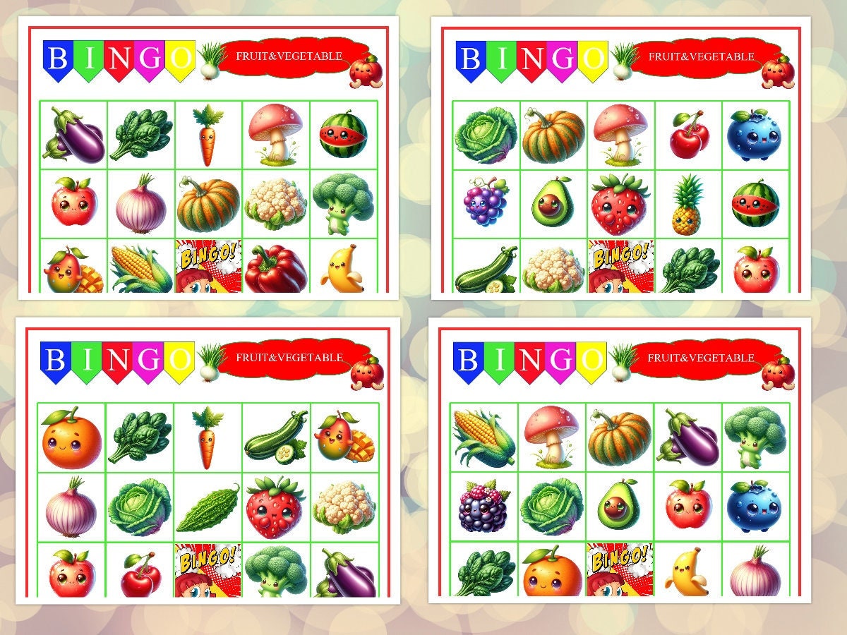 Printable Fruit & Vegetable BINGO - 50 Unique Playing Cards + 10 Market ...