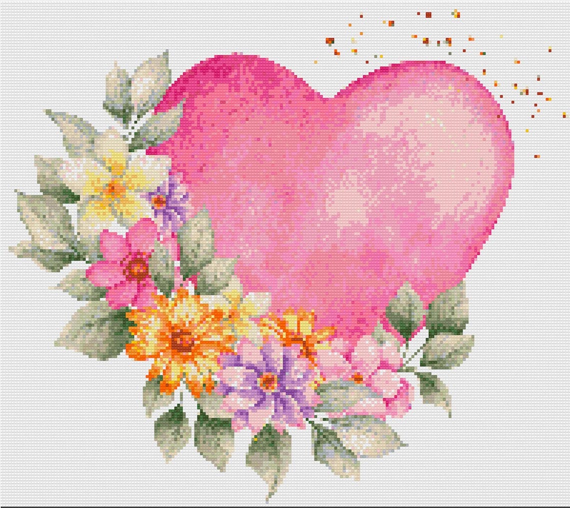 Floral Heart Cross Stitch Pattern: Pink Watercolor Valentine (PDF ...