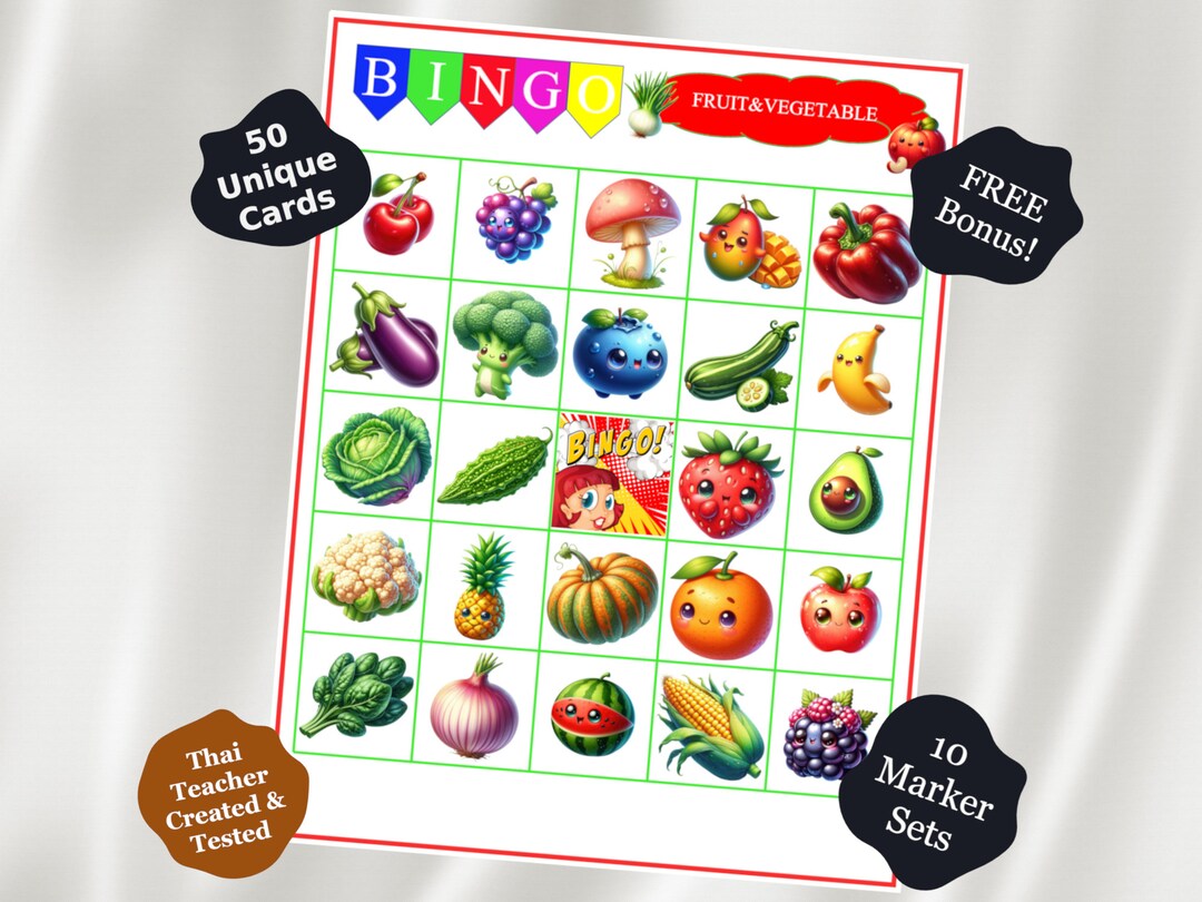 Printable Fruit & Vegetable BINGO - 50 Unique Playing Cards + 10 Market ...