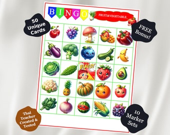 Printable Fruit & Vegetable BINGO 50 Unique Playing Cards 10 Market ...