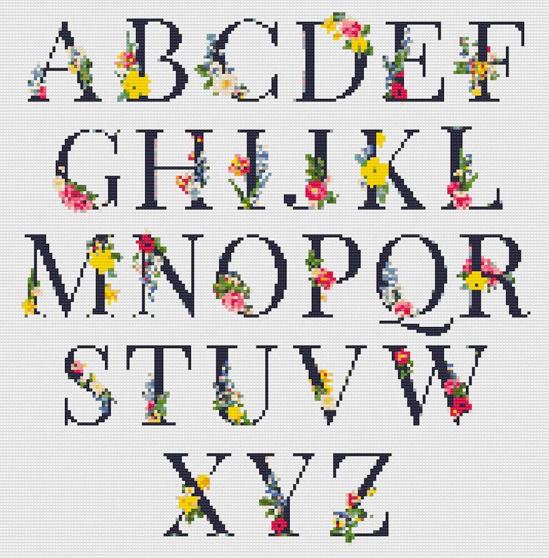 Tropical Floral Cross Stitch Alphabet PDF Pattern, Printable Flower ...