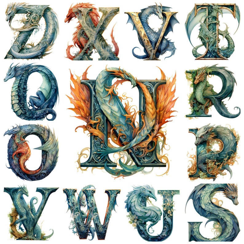 Dragon Cross Stitch Alphabet: 26 Mystical Monogram PDF Patterns (color ...
