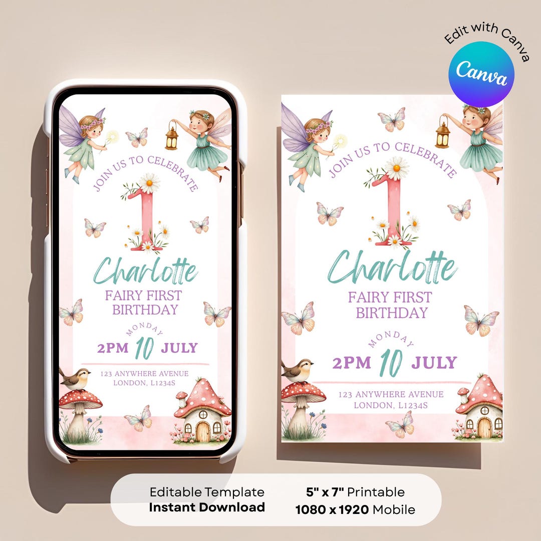 Custom Fairy First Kids Birthday Party Editable Invitation Whimsicle ...