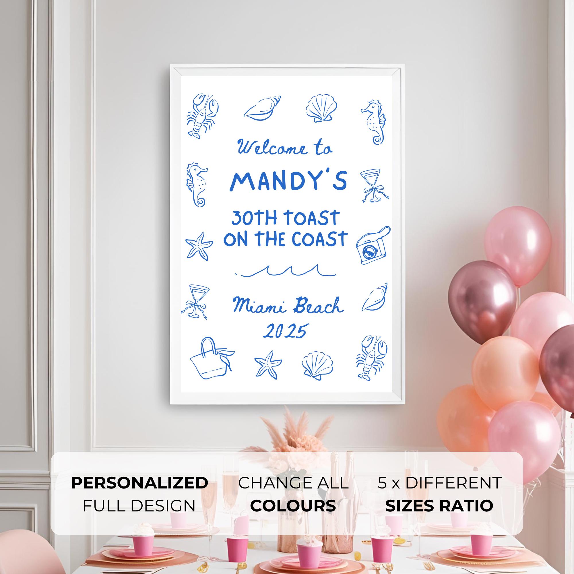 Personalised Beach Birthday Party Welcome Sign Canva Editable 30th 40th ...