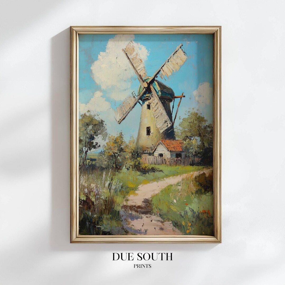 Vintage Windmill Landscape Print, Rustic Summer Countryside Wall Art ...