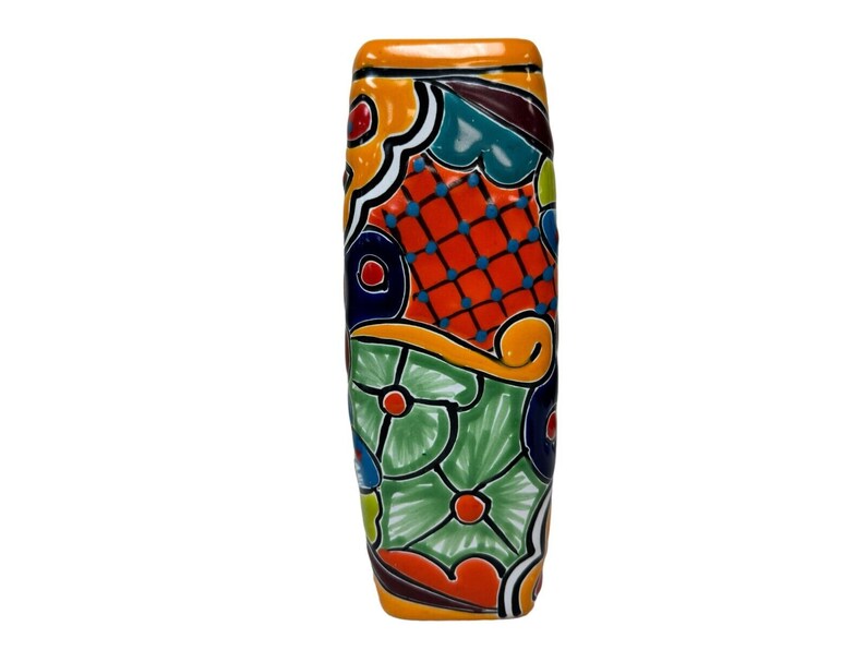 Talavera Square Vase Mexican Pottery Folk Art Handmade Home Decor 9.25 ...
