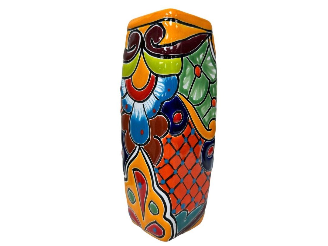 Talavera Square Vase Mexican Pottery Folk Art Handmade Home Decor 9.25 ...