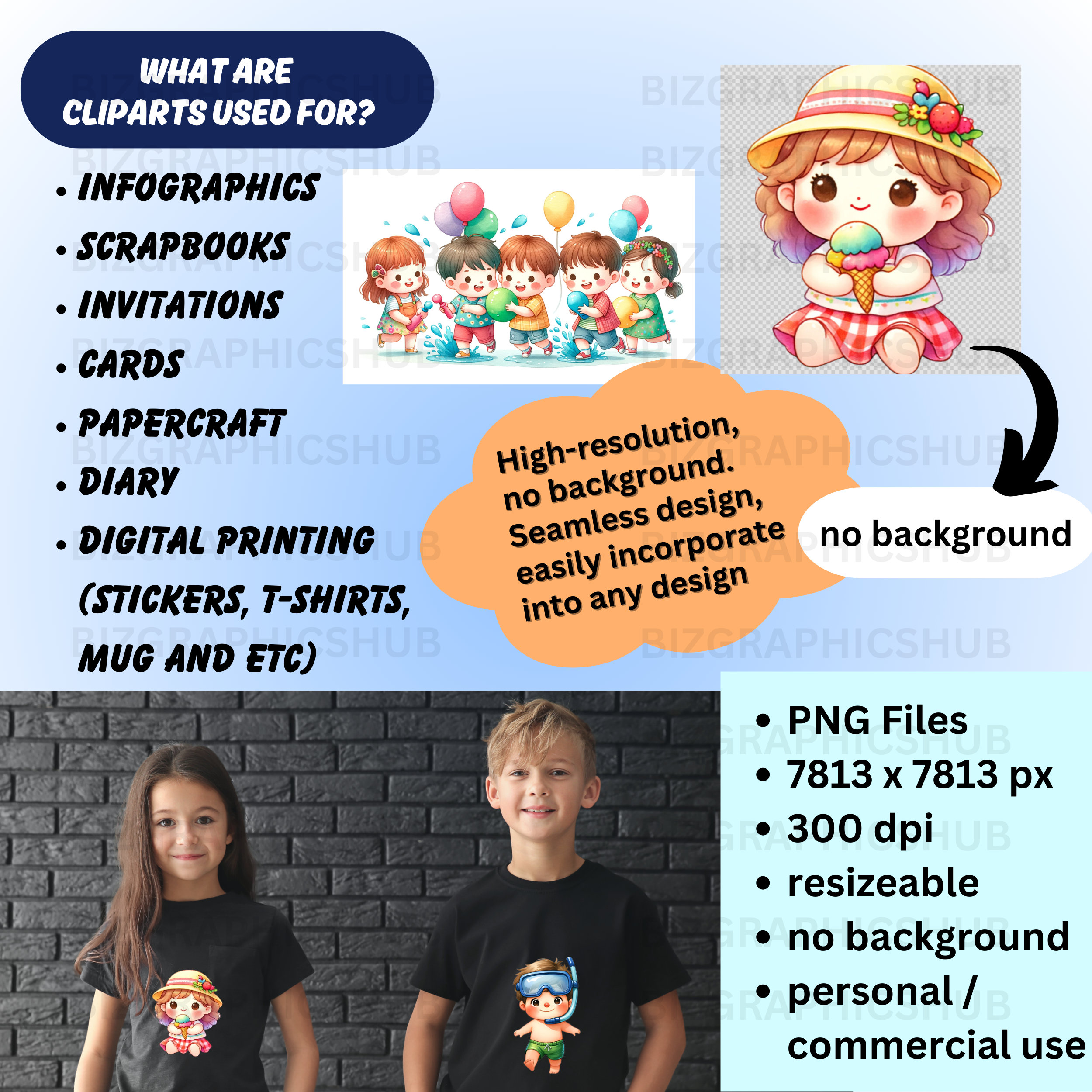 40 Kawaii Kids Summer Clipart Collection, Summer Theme Clipart, Sunny ...