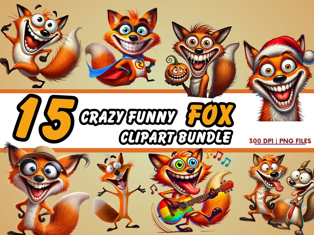 Crazy Silly Fox Clipart Bundle, 15 Fox Graphics, Crazy Fox Images, PNG ...