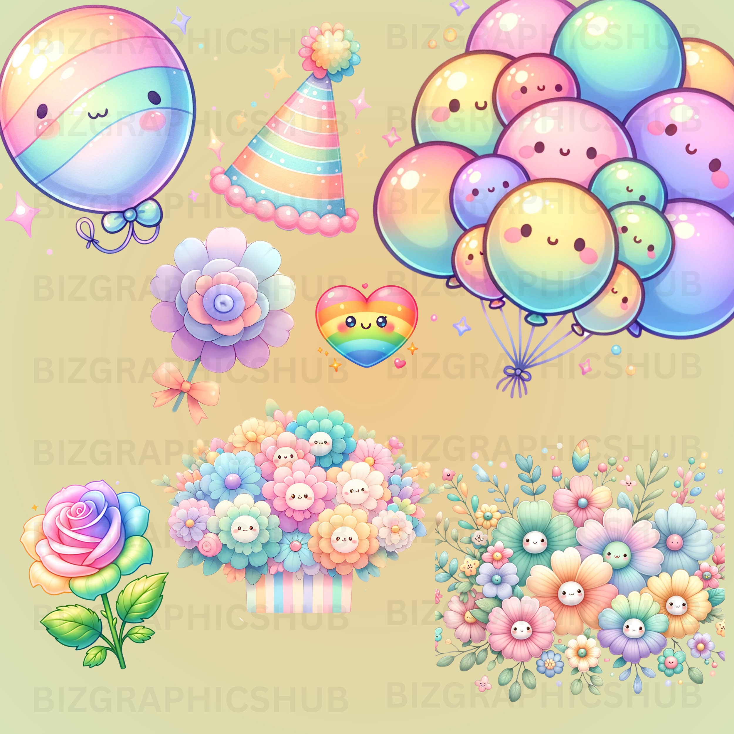 Kawaii Rainbow Pastel Birthday Party Clipart Set - 30 Cute Graphics ...