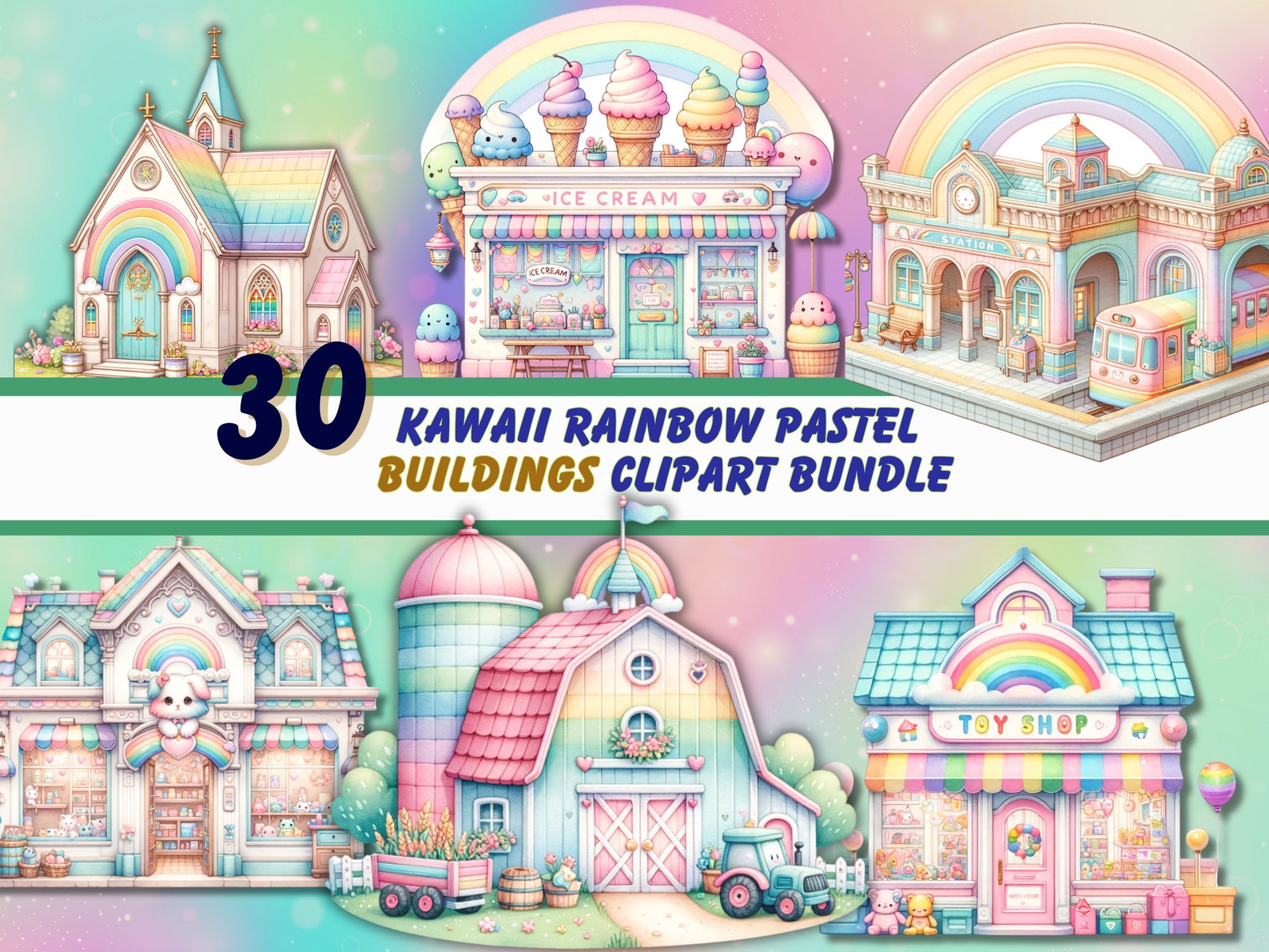 Kawaii Rainbow Pastel Buildings Clipart - 300 DPI PNG, Perfect for ...