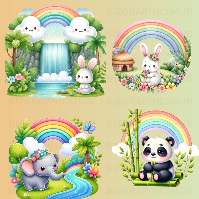 Rainbow Pastel Jungle Animals Clipart Bundle - 30 Cute Cartoon Pngs for ...