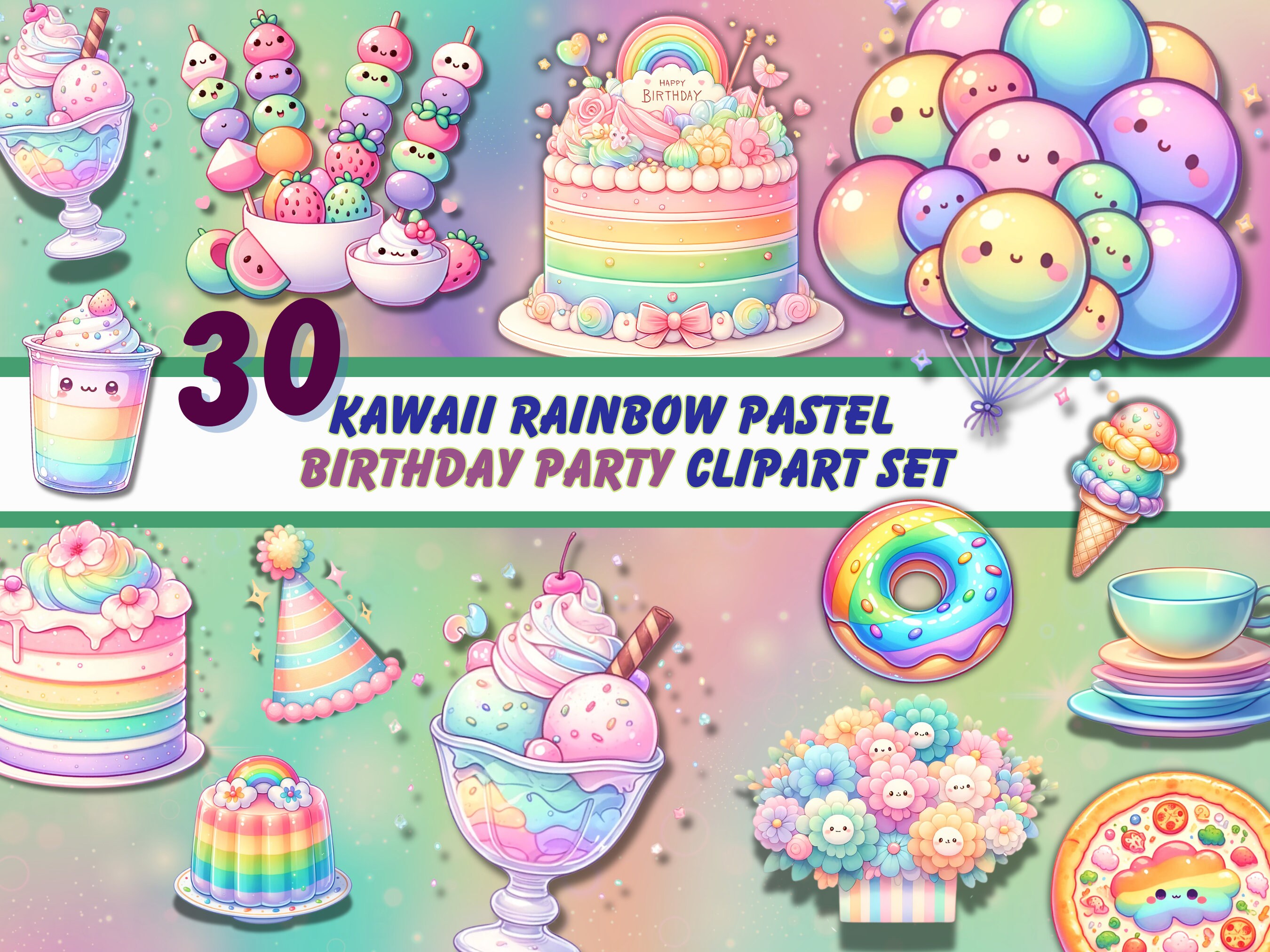 Kawaii Rainbow Pastel Birthday Party Clipart Set - 30 Cute Graphics ...