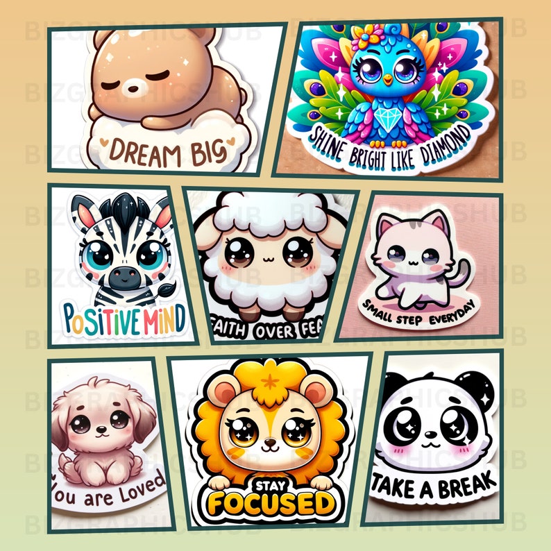 Kawaii Animals & Motivational Quotes Sticker Clipart Set - Digital ...