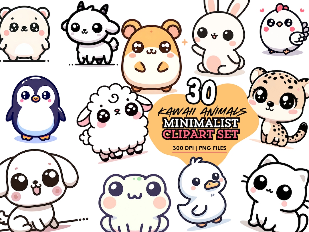 30 Kawaii Animals Minimalist Clipart Bundle| PNG 300 DPI| No Background ...