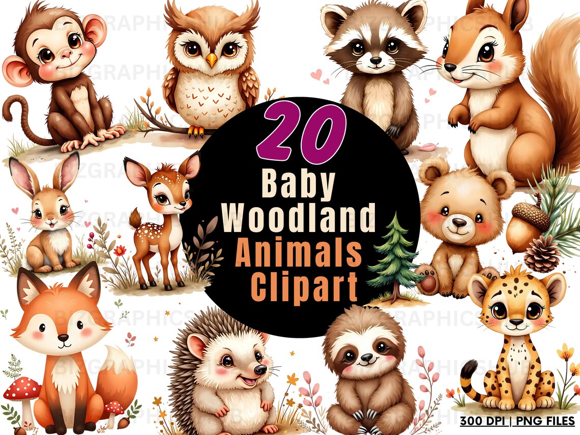 Baby Woodland Animals Clipart Bundle, PNG Printable Set, Cute Nursery ...
