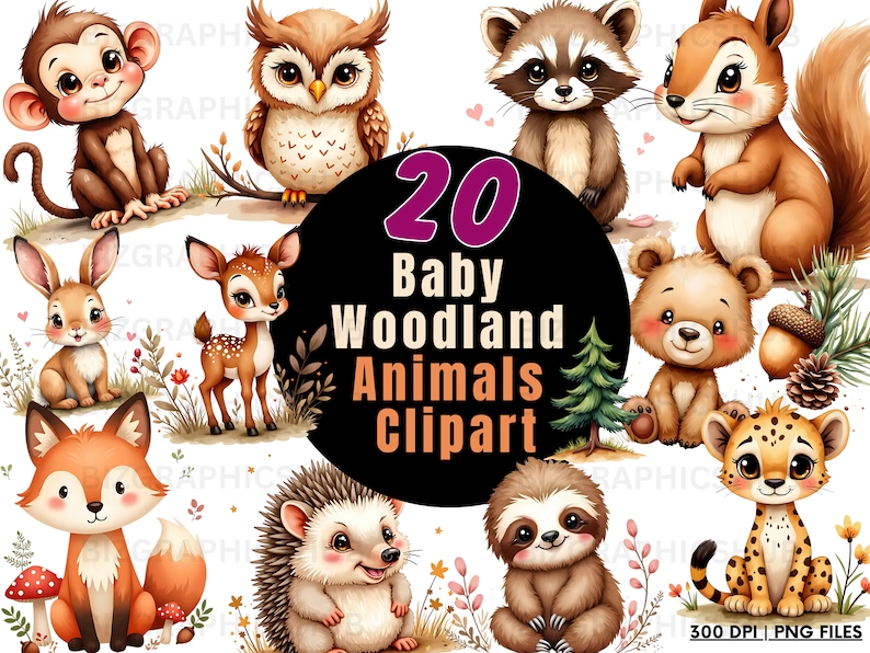Baby Woodland Animals Clipart Bundle, PNG Printable Set, Cute Nursery ...