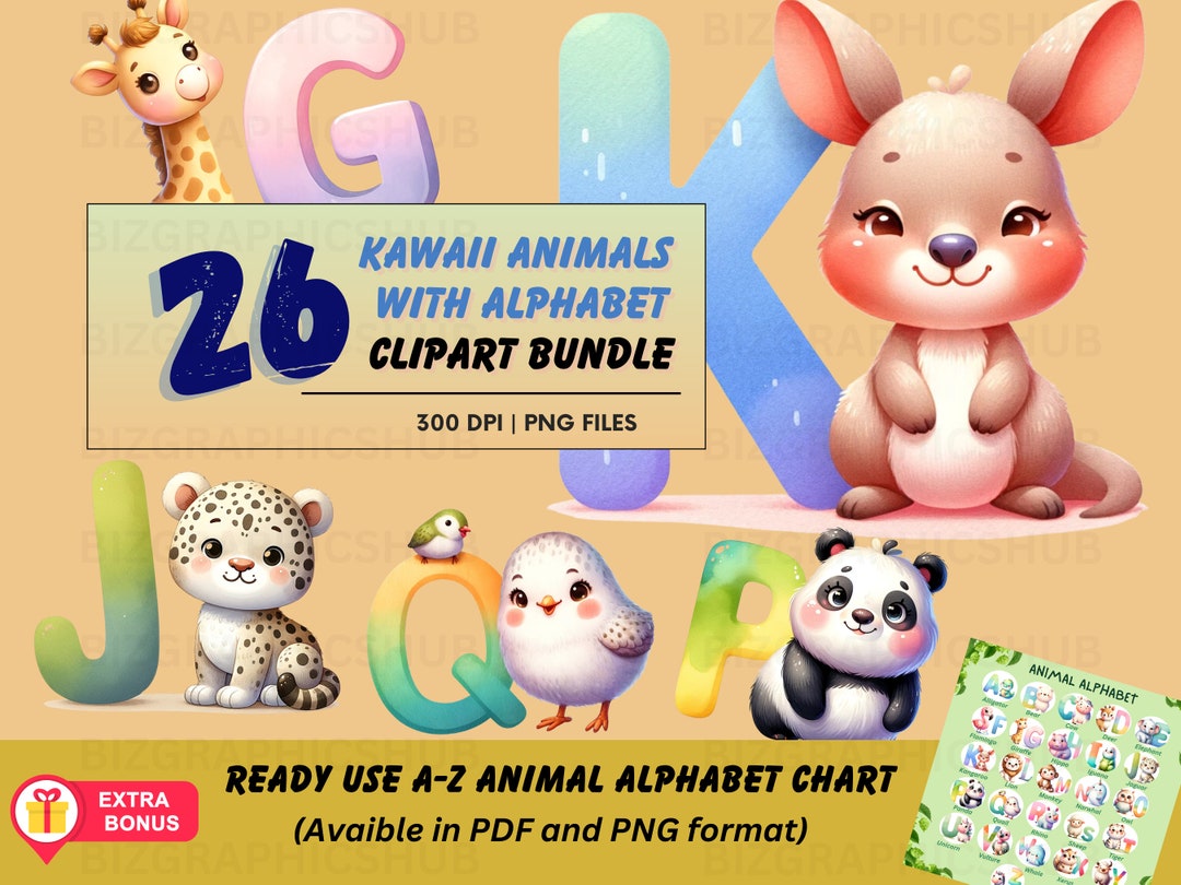 A-Z Kawaii Animals With Alphabet Clipart Collection - High-quality 26 ...