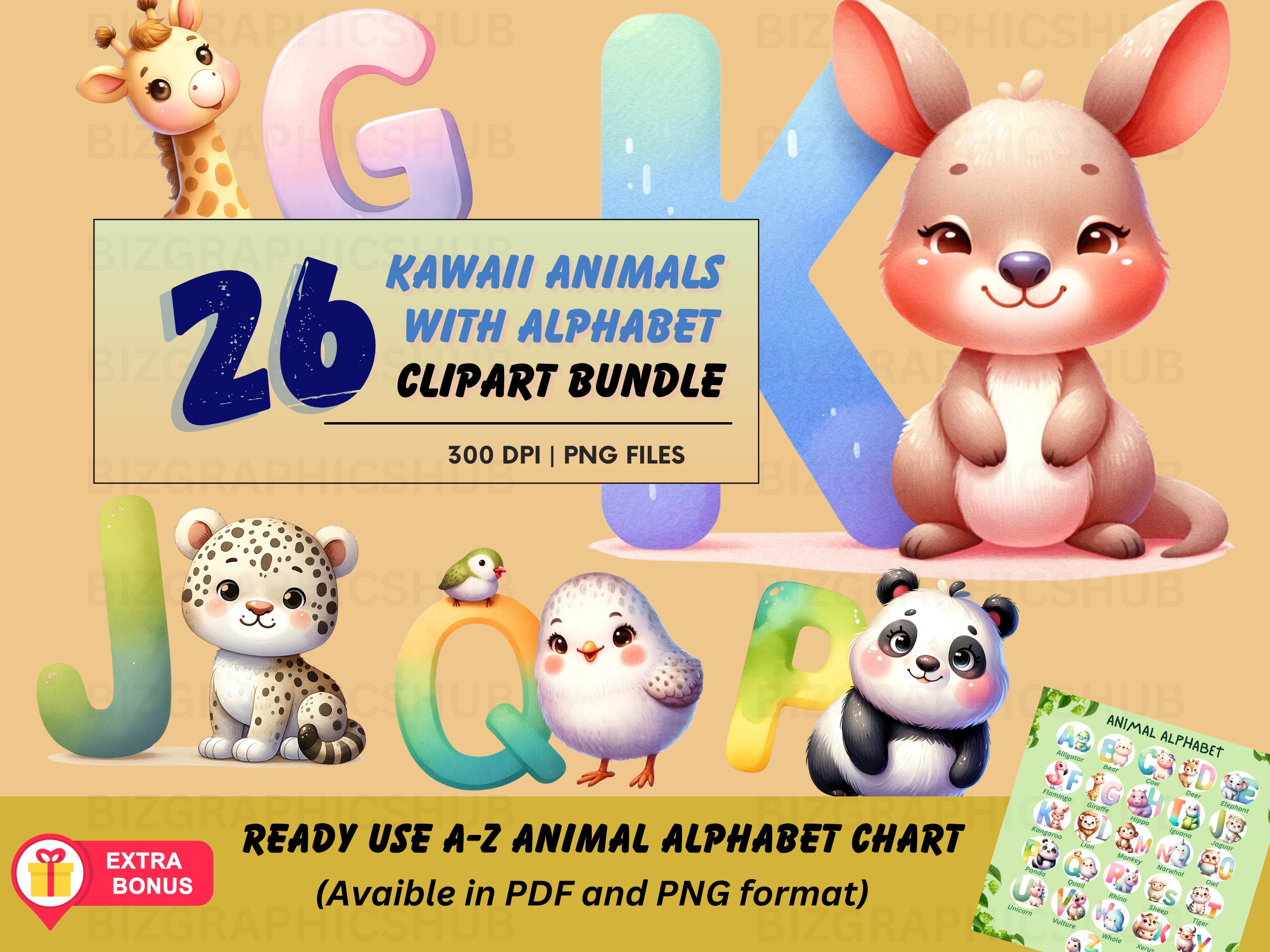 A-Z Kawaii Animals With Alphabet Clipart Collection High-quality 26 PNG ...