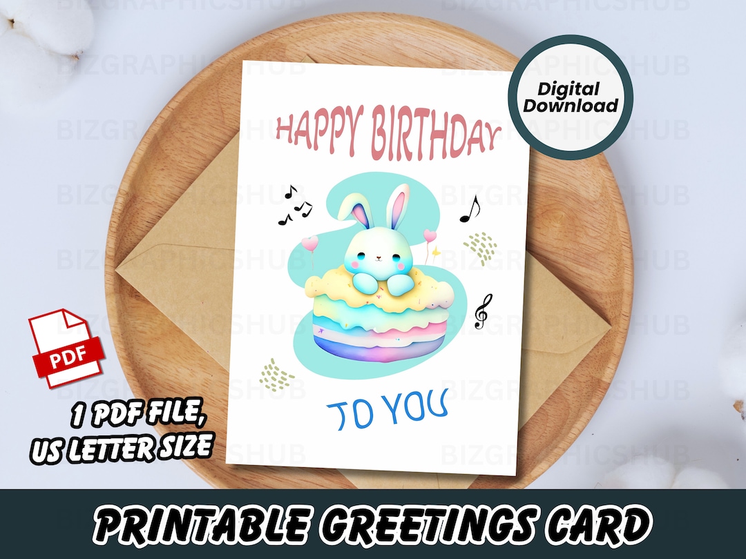 Happy Birthday Printable Greeting Card| Cute Bunny Birthday Card ...