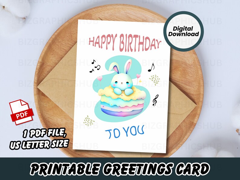 Happy Birthday Printable Greeting Card| Cute Bunny Birthday Card ...