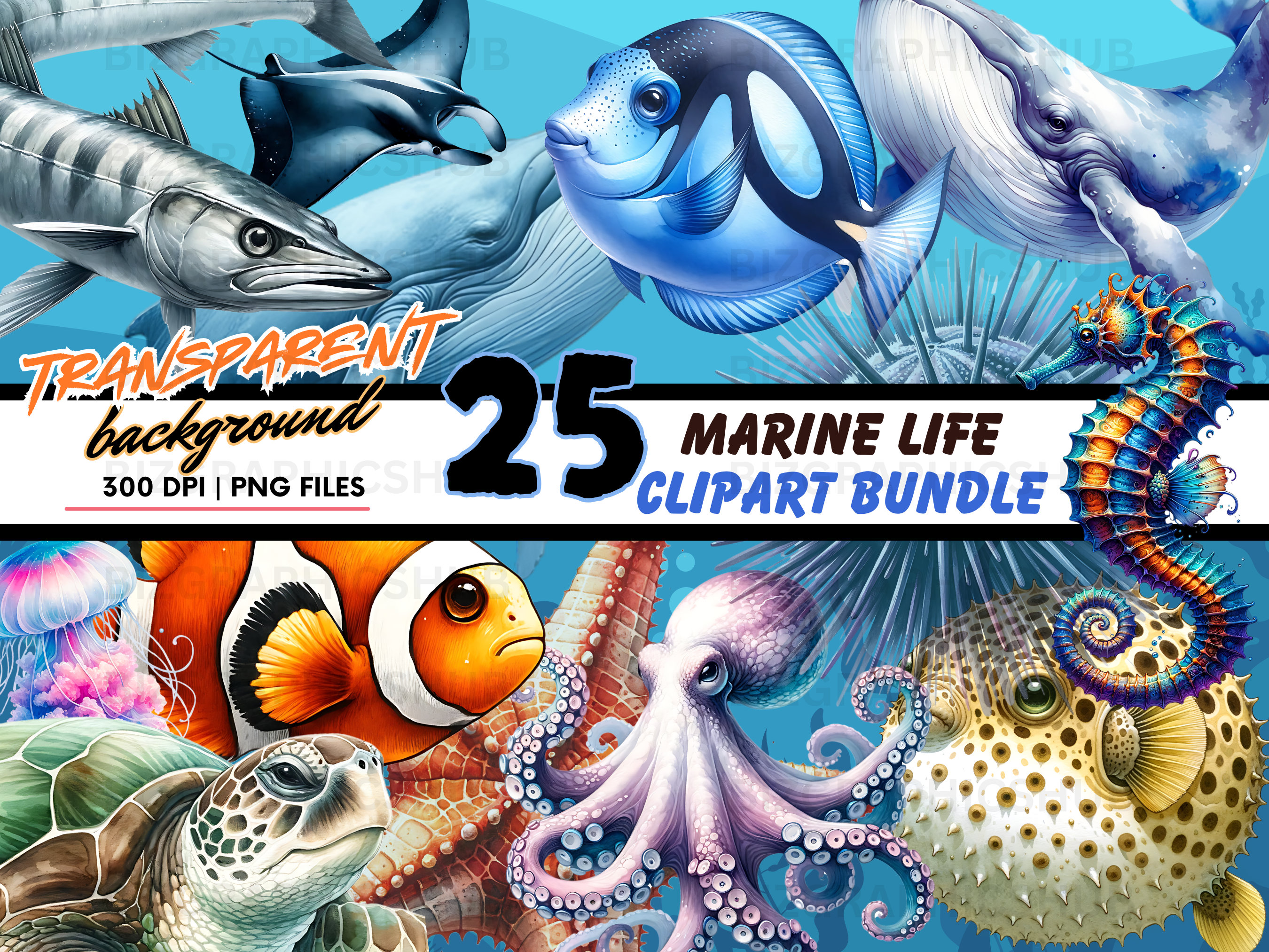 Watercolor Marine Life Clipart Bundle 25 Sea Animals PNG, Ocean Life ...