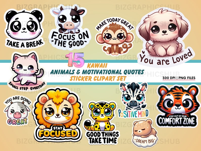 Kawaii Animals & Motivational Quotes Sticker Clipart Set - Digital ...