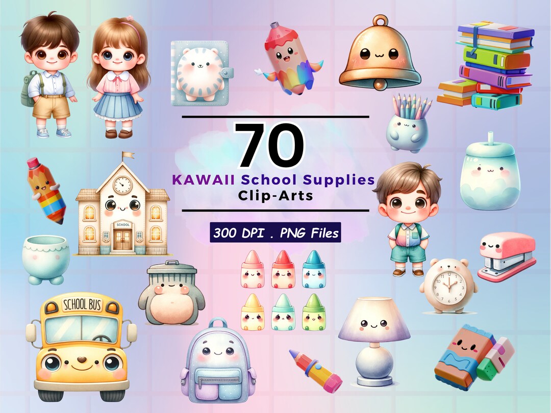 Kawaii School Supplies Clipart Collection: 70 Cartoon Stationery ...