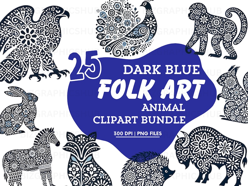 Folk Art Animal Clipart Bundle - 25 Intricate Dark Blue Design, PNG ...