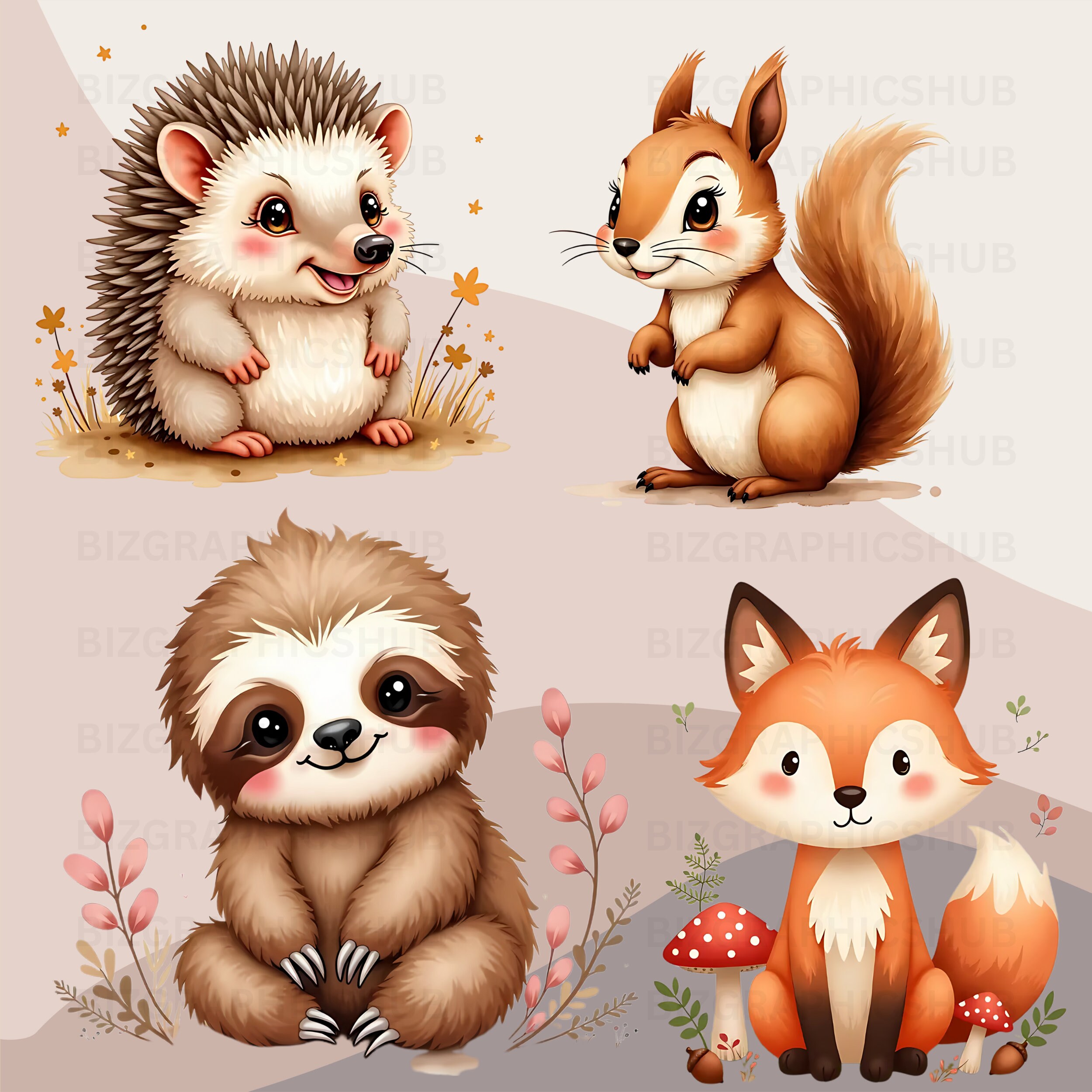 Baby Woodland Animals Clipart Bundle, PNG Printable Set, Cute Nursery ...