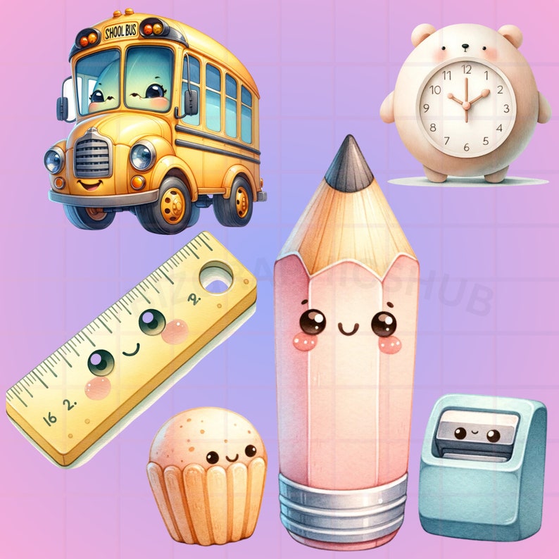 Kawaii School Supplies Clipart Collection: 70 Cartoon Stationery ...