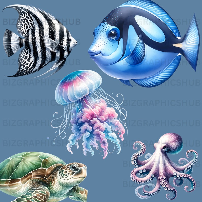 Watercolor Marine Life Clipart Bundle 25 Sea Animals PNG, Ocean Life ...
