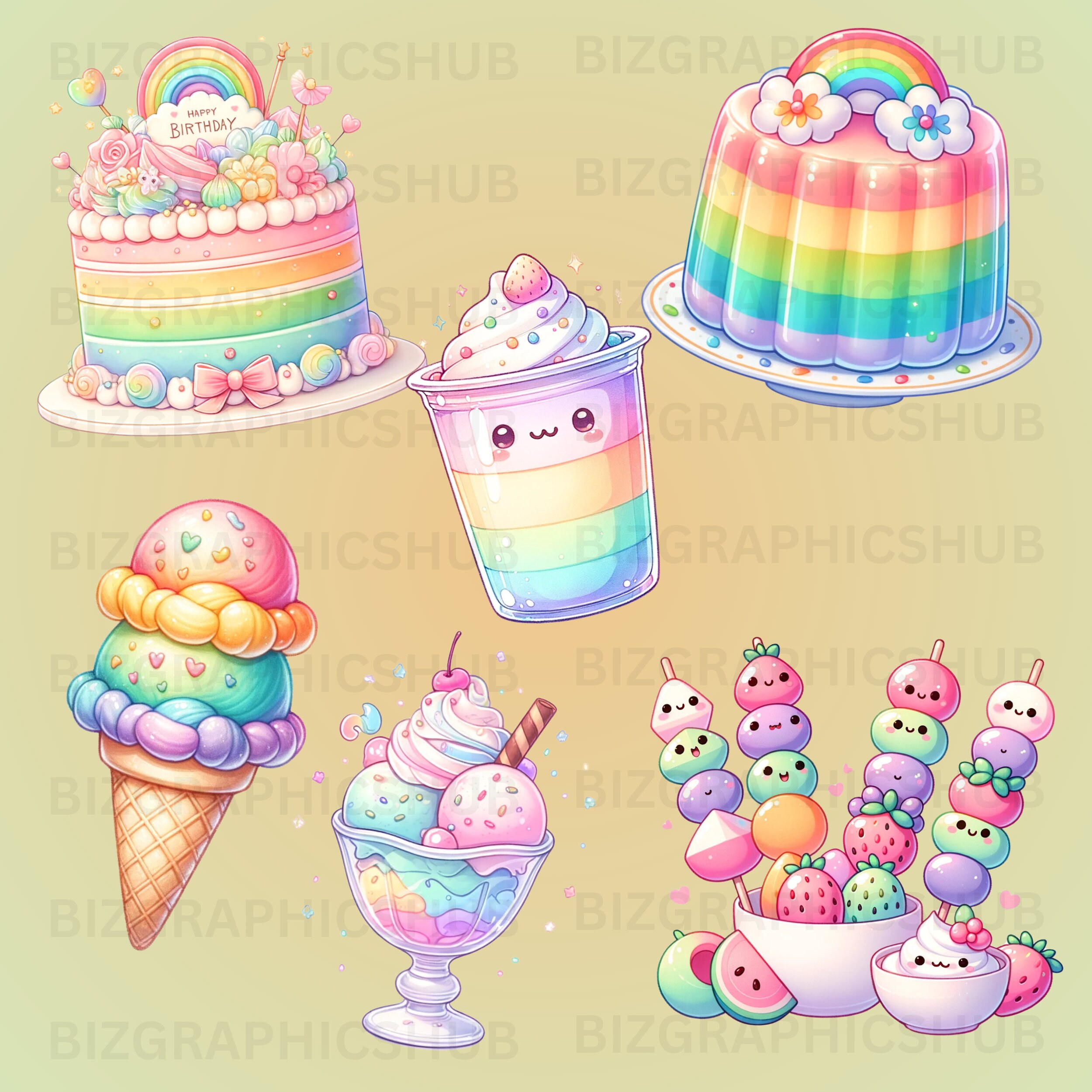 Kawaii Rainbow Pastel Birthday Party Clipart Set - 30 Cute Graphics ...