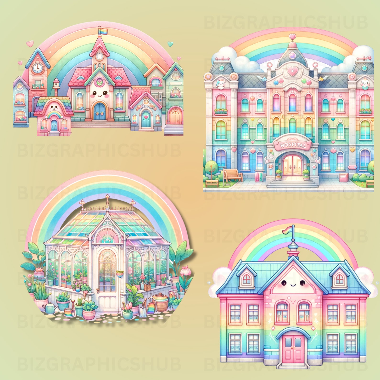 Kawaii Rainbow Pastel Buildings Clipart - 300 DPI PNG, Perfect for ...