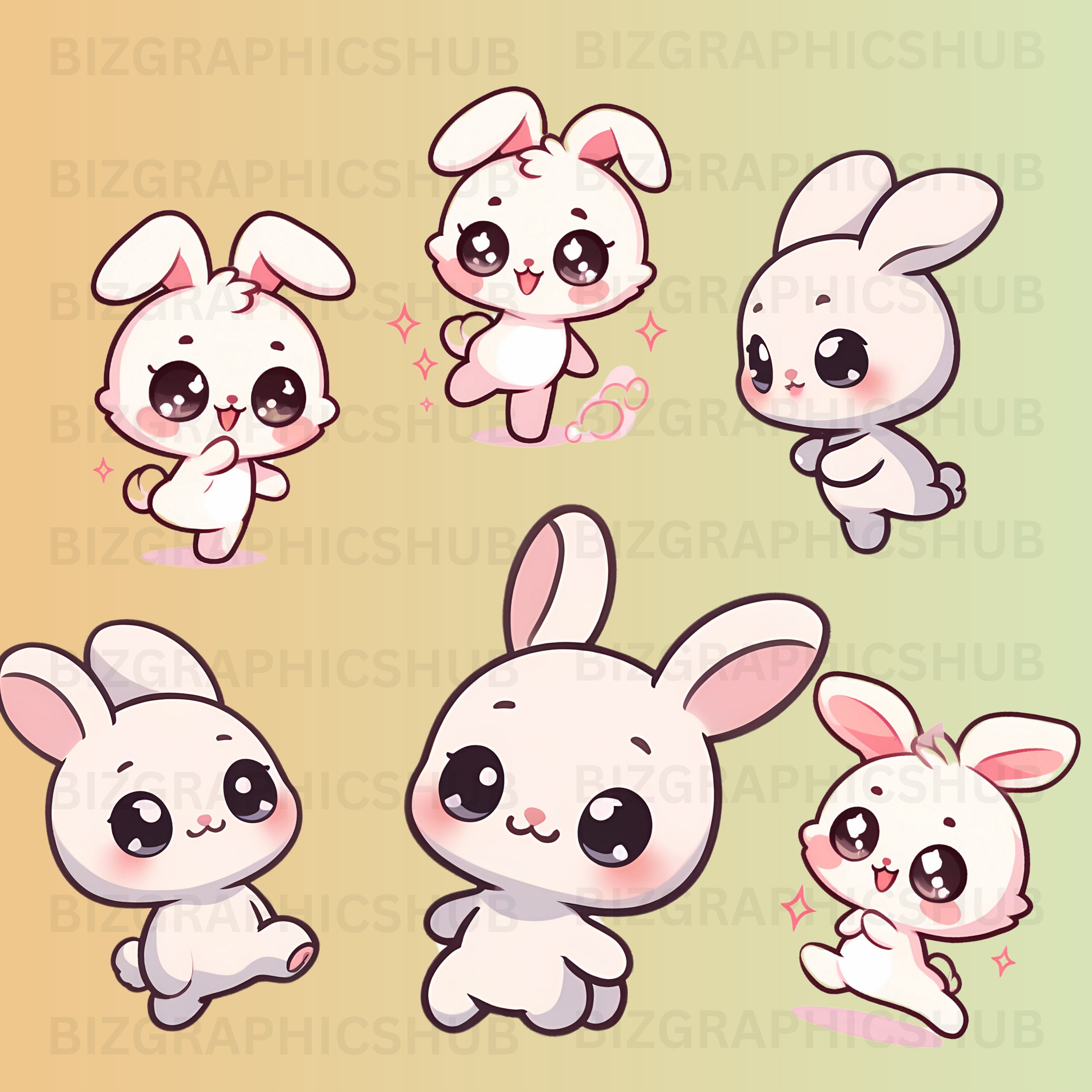 Kawaii Bunny Clipart Set, 50 Different Poses, PNG - Cheerful & Funny ...