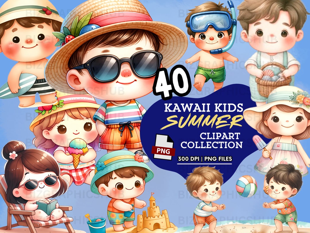 40 Kawaii Kids Summer Clipart Collection, Summer Theme Clipart, Sunny ...
