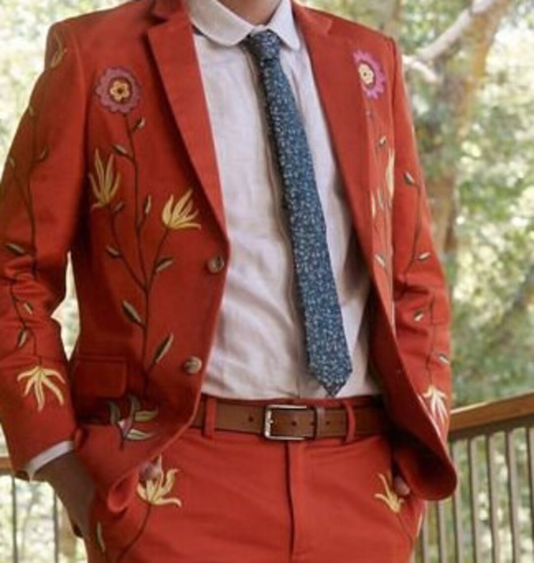 Men Orange Floral 2pc Custom Made Country Western Suit Chainstitch ...