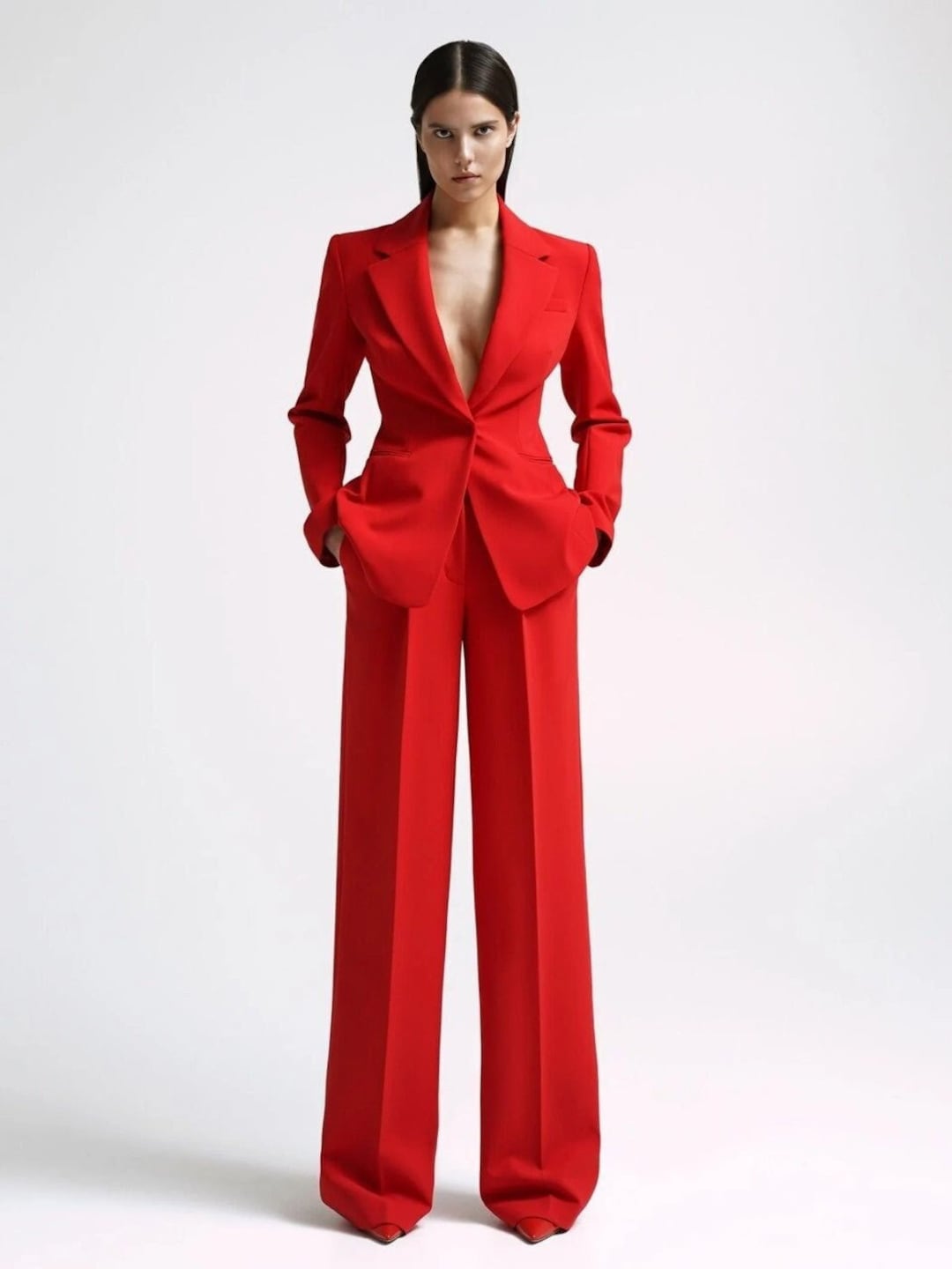 Red Two Piece Suit Women Notch Lapel Single Breasted Pant Blazer Set ...